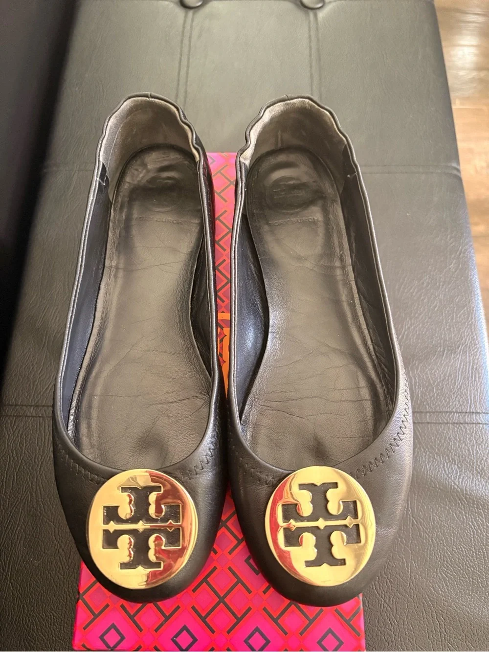 Tory Burch | Shoes | Tory Burch Black Leather Flats With Gold Logo ...